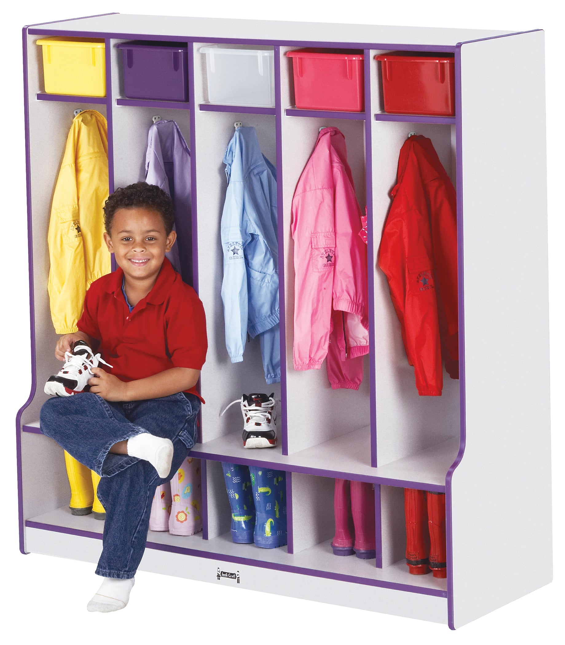 Rainbow Accents 5 Section Coat Locker with Step - Purple